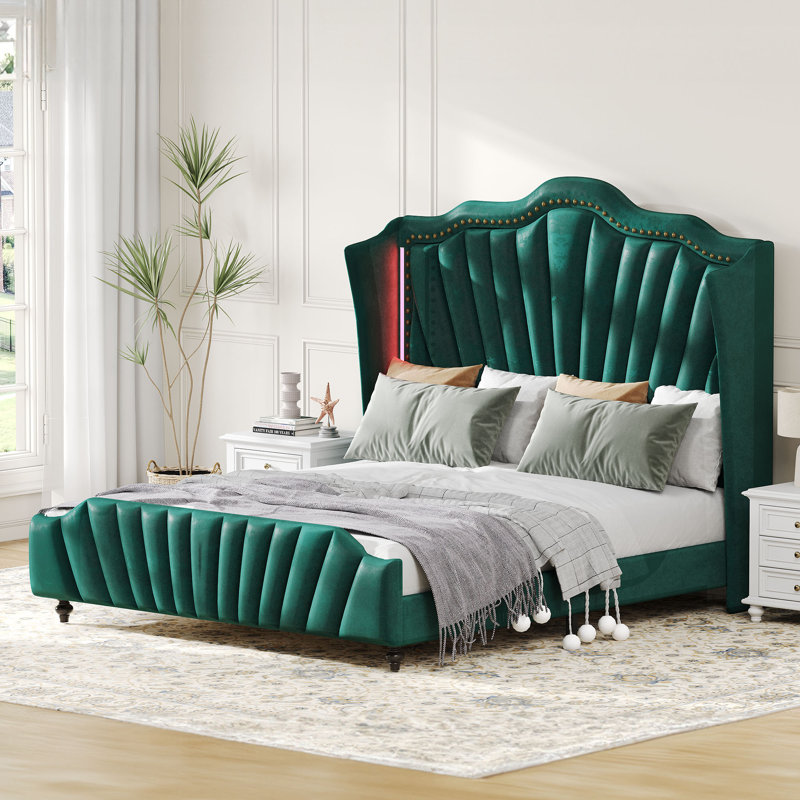 House of Hampton Velvet Upholstered Wingback Bed with LED Light House of Hampton Color Green Size Queen